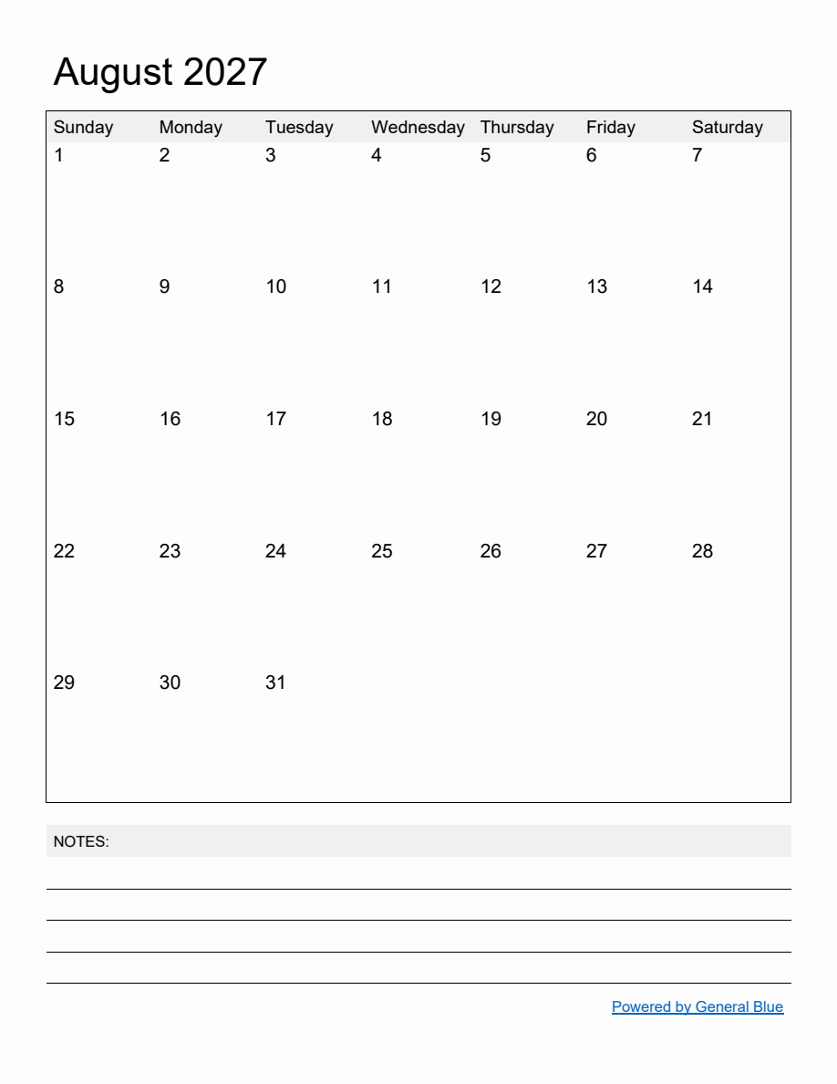 Free Printable Monthly Calendar for August 2027