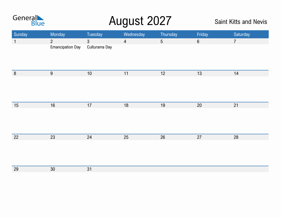 August 2027 Monthly Calendars with Saint Kitts and Nevis Holidays
