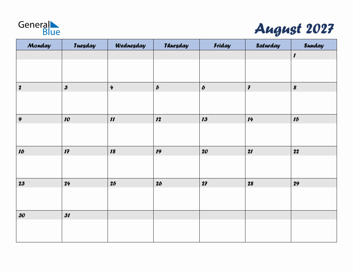 Free August 2027 Monthly Editable Calendar - Monday Start