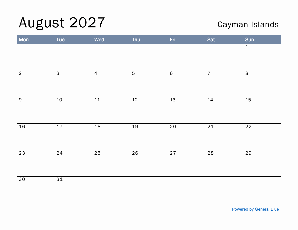 Free Monthly Calendar Template for August 2027 with Cayman Islands ...