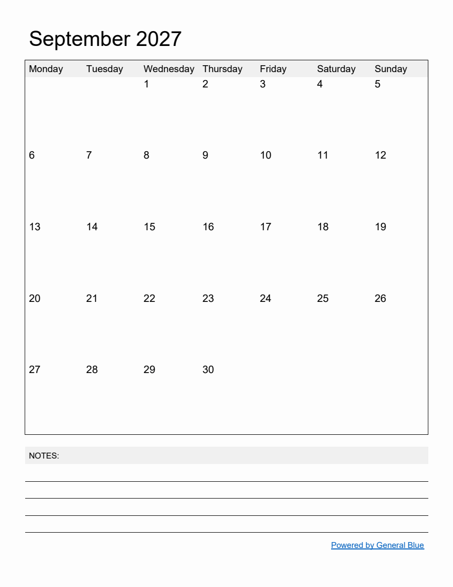 Free Printable Monthly Calendar for September 2027 - Monday Start