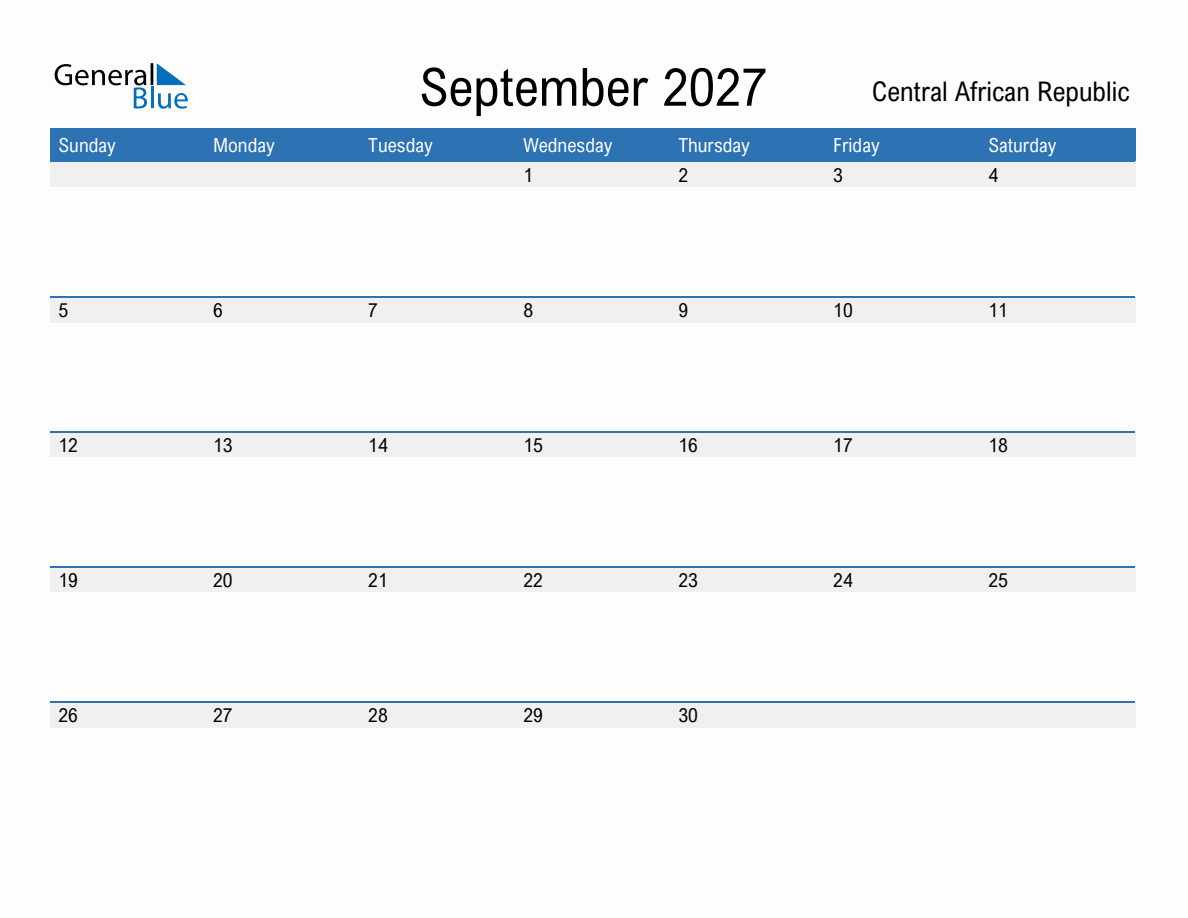 September 2027 Monthly Calendars with Central African Republic Holidays