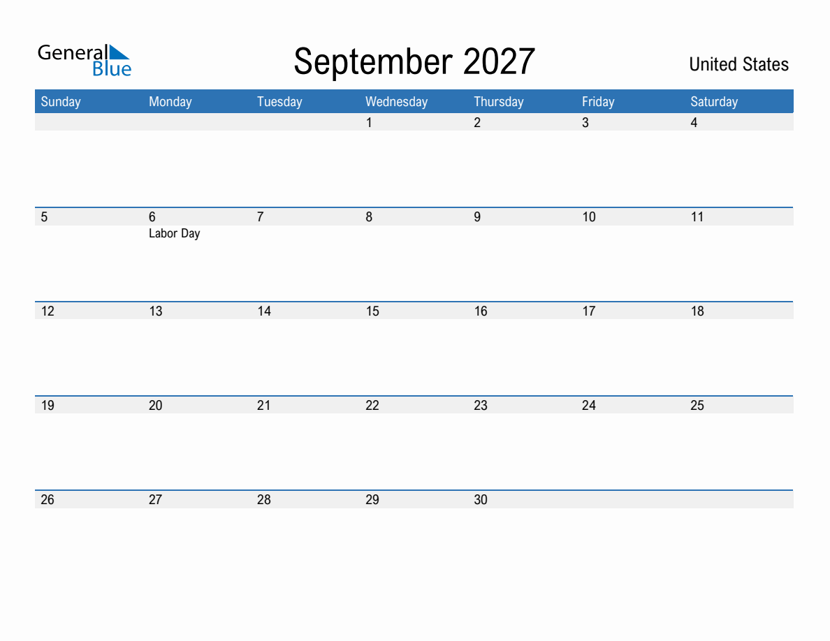 September 2027 Monthly Calendars with United States Holidays