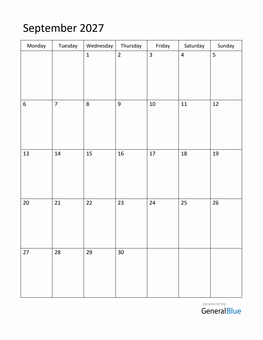 Editable September 2027 Monthly Calendar - Monday Start