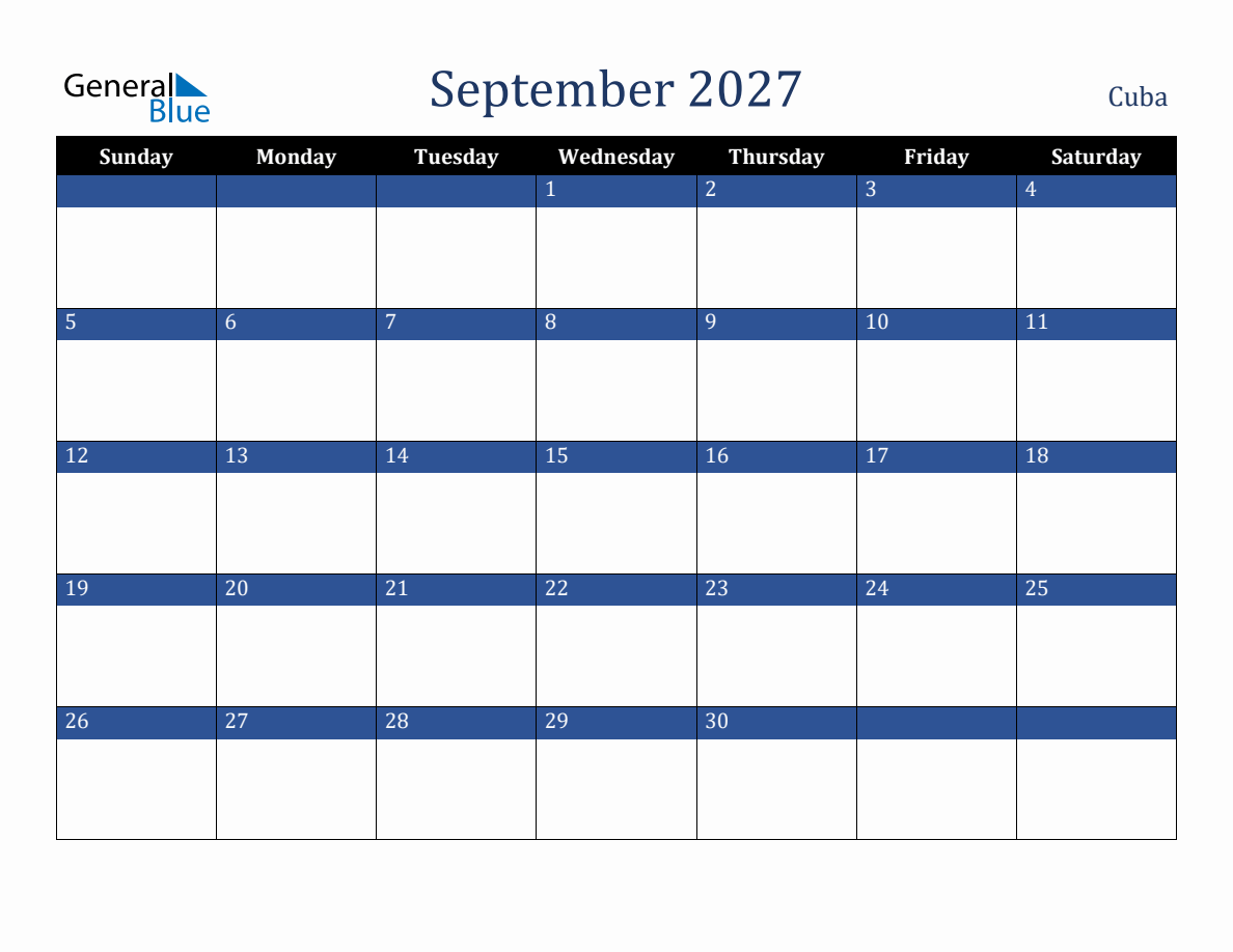 September 2027 Cuba Holiday Calendar