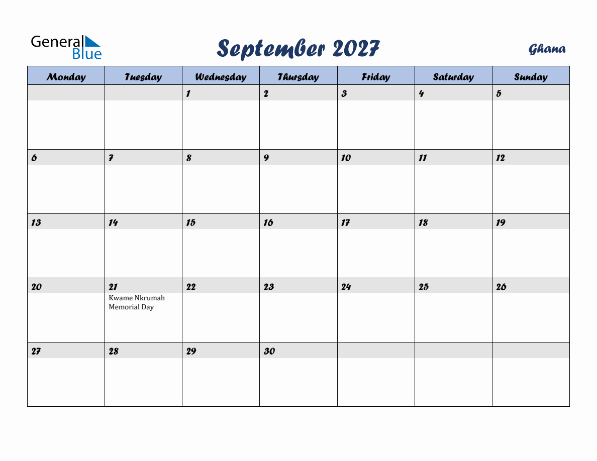 September 2027 Monthly Calendar Template with Holidays for Ghana ...