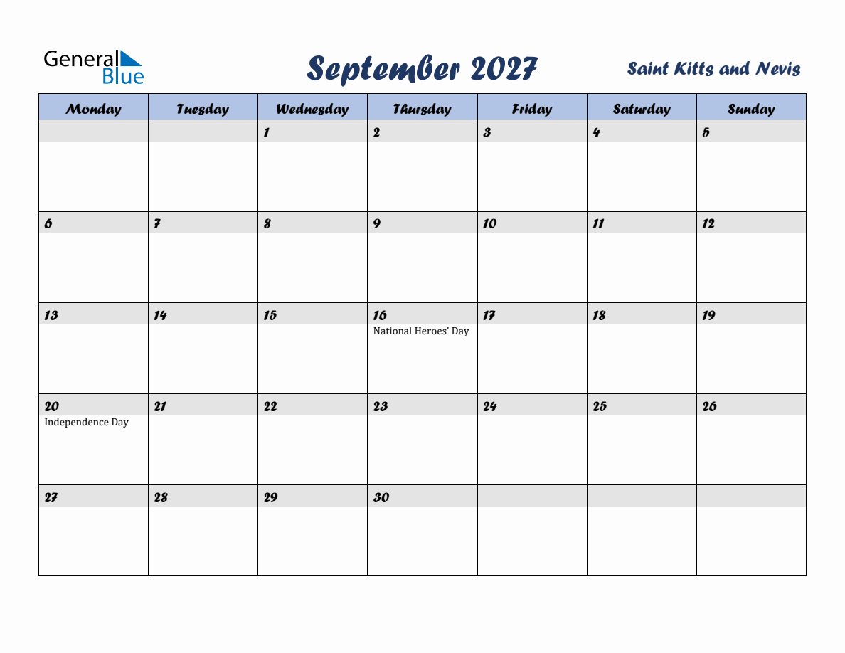September 2027 Monthly Calendar Template with Holidays for Saint Kitts ...