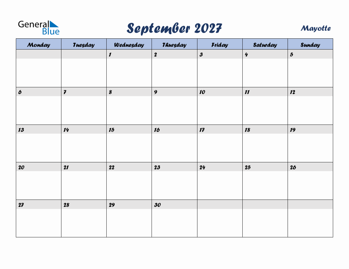 September 2027 Monthly Calendar Template with Holidays for Mayotte