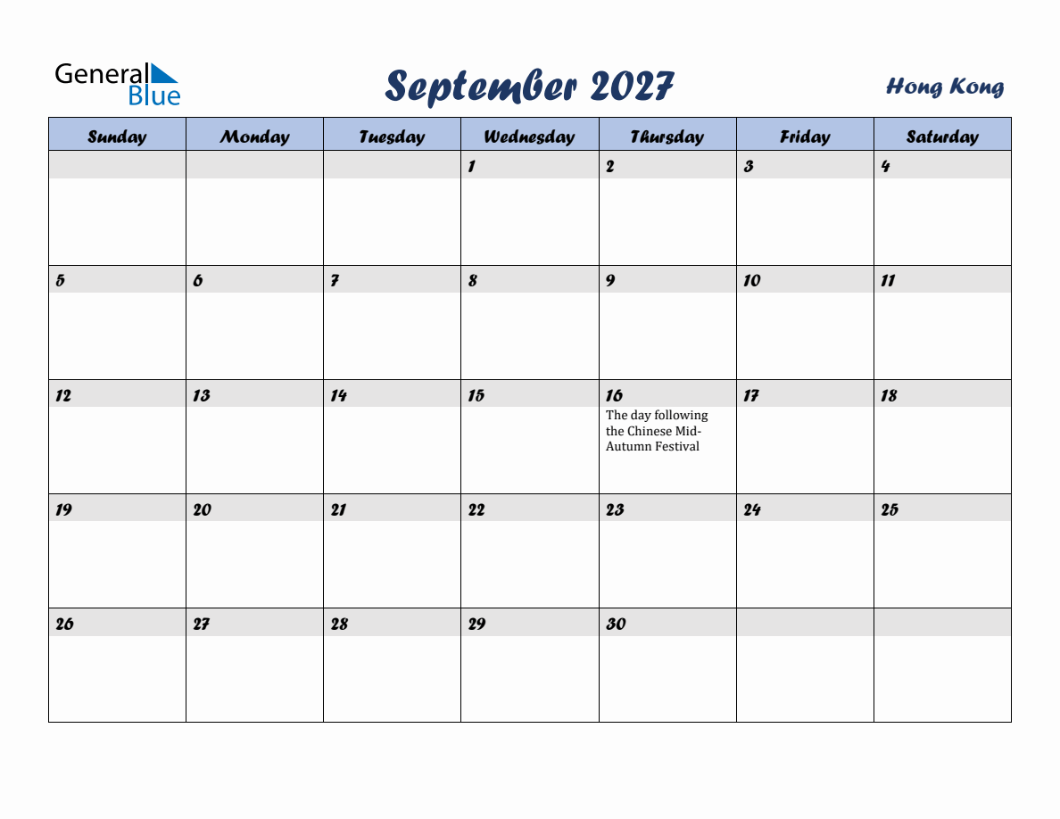 September 2027 Monthly Calendar Template with Holidays for Hong Kong