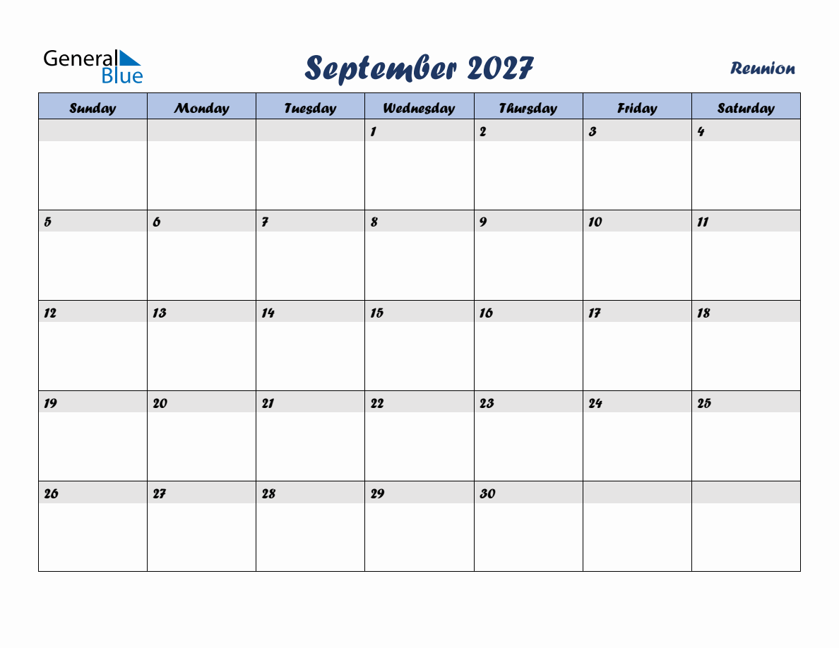 September 2027 Monthly Calendar Template with Holidays for Reunion