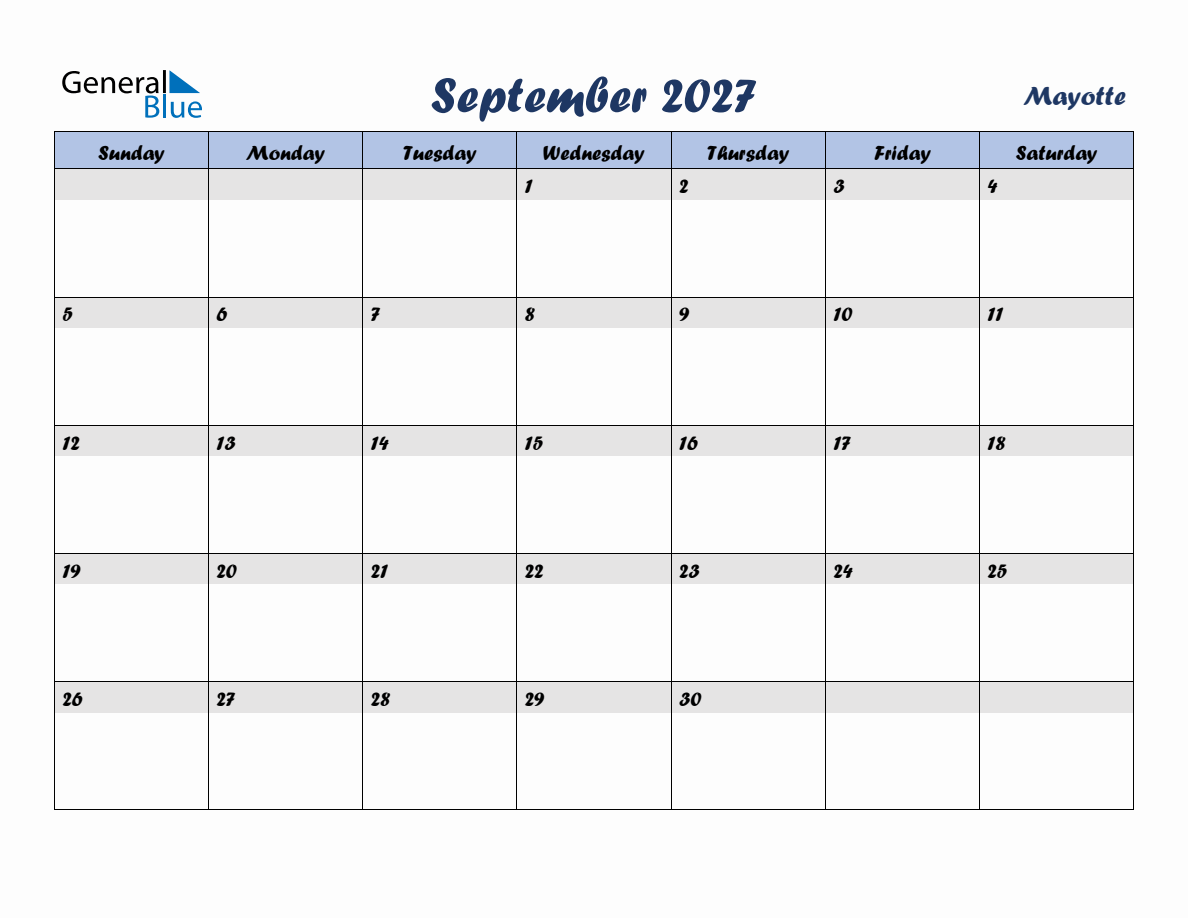 September 2027 Monthly Calendar Template with Holidays for Mayotte