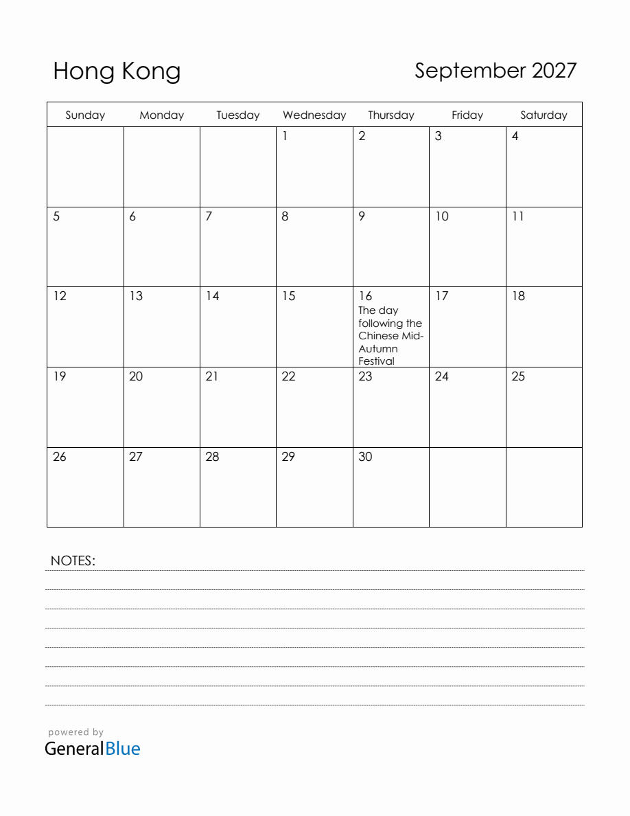 September 2027 Hong Kong Calendar with Holidays