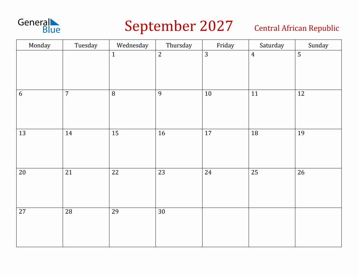 September 2027 Central African Republic Monthly Calendar with Holidays
