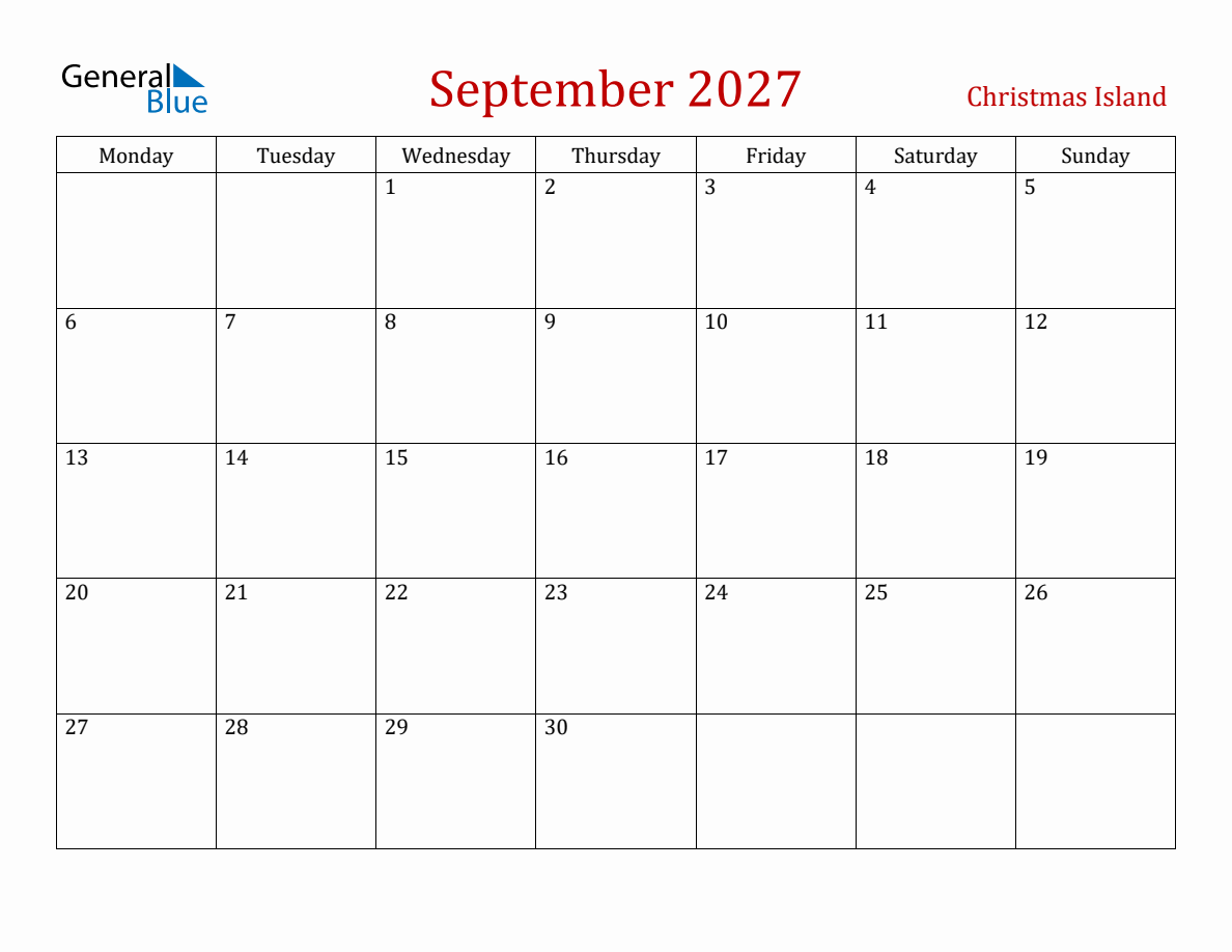 September 2027 Christmas Island Monthly Calendar with Holidays