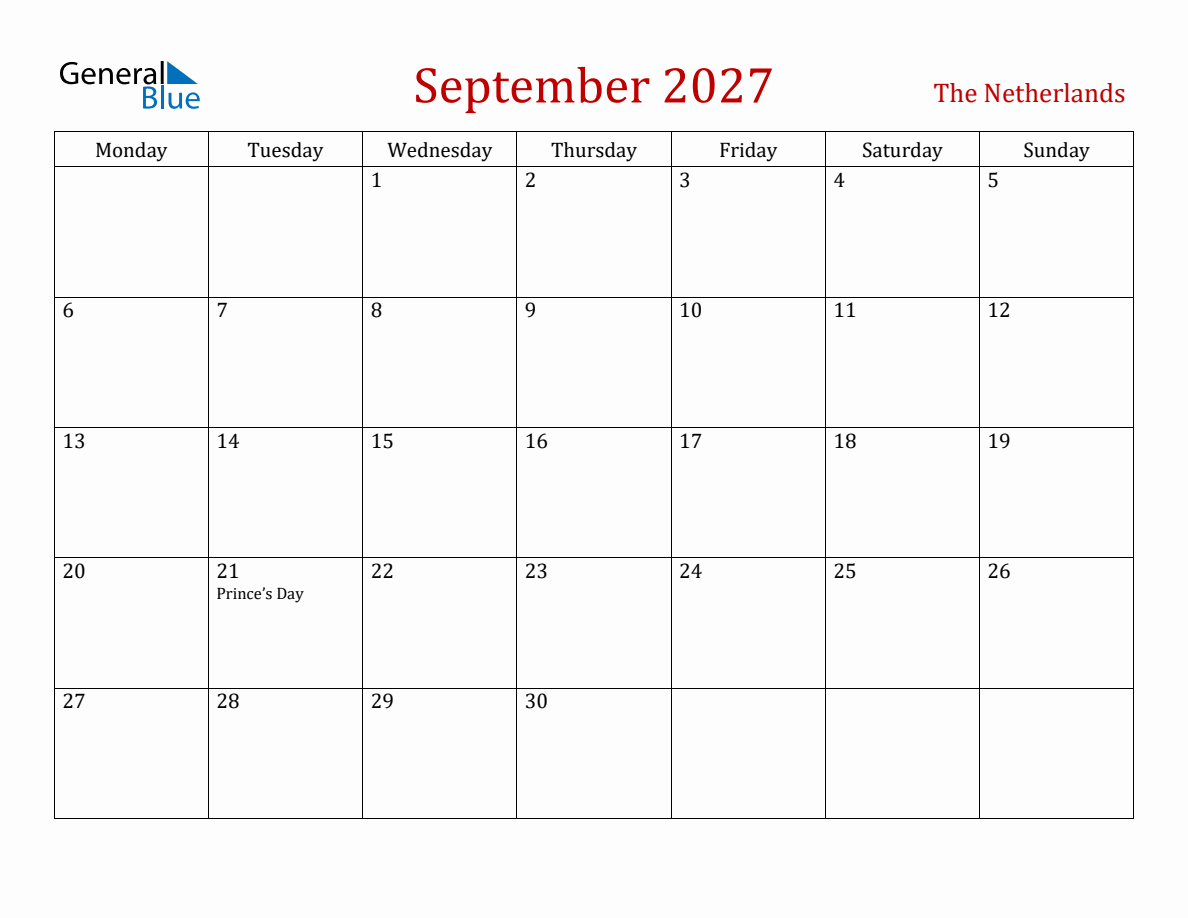 September 2027 The Netherlands Monthly Calendar with Holidays