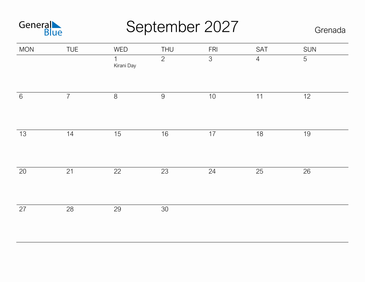 Printable September 2027 Monthly Calendar with Holidays for Grenada