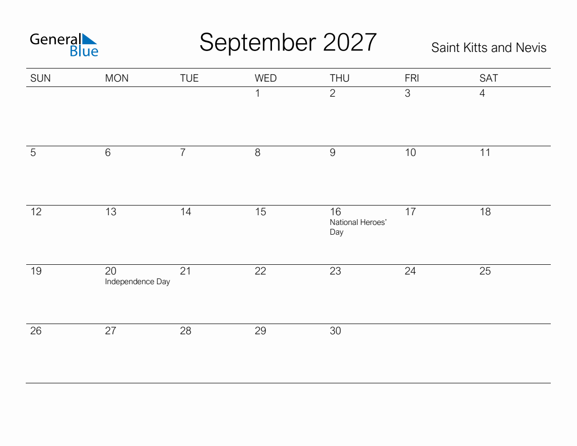 Printable September 2027 Monthly Calendar with Holidays for Saint Kitts ...