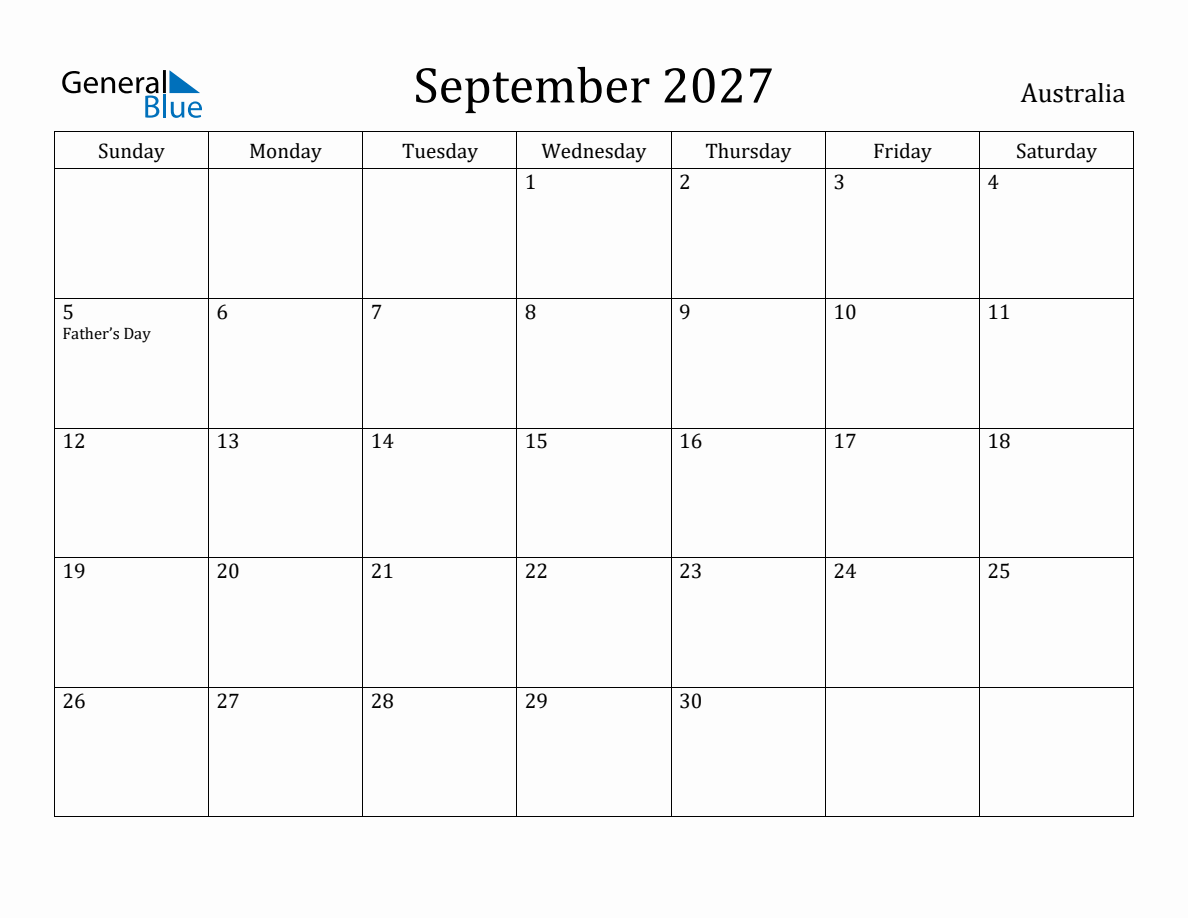 September 2027 Monthly Calendar with Australia Holidays