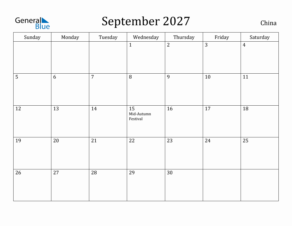 September 2027 Monthly Calendar with China Holidays