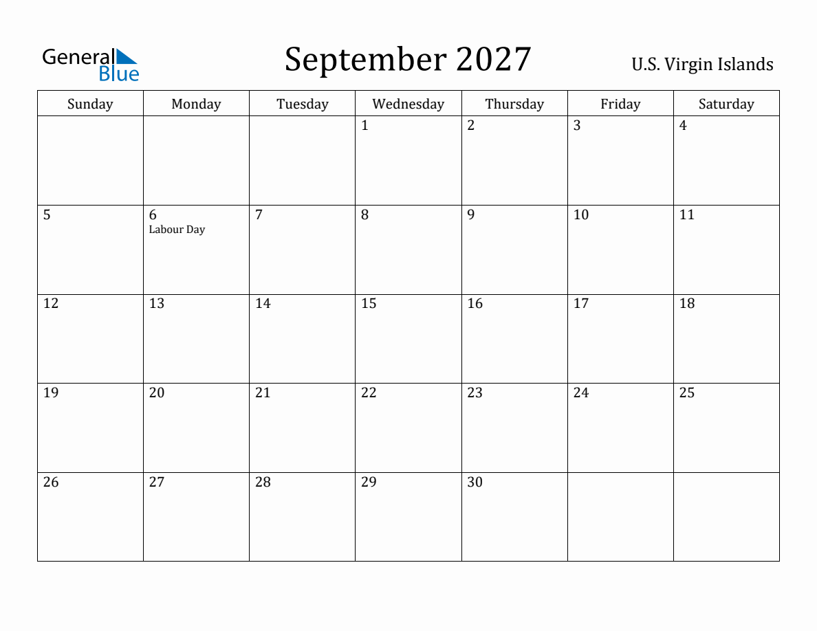 September 2027 Monthly Calendar with U.S. Virgin Islands Holidays