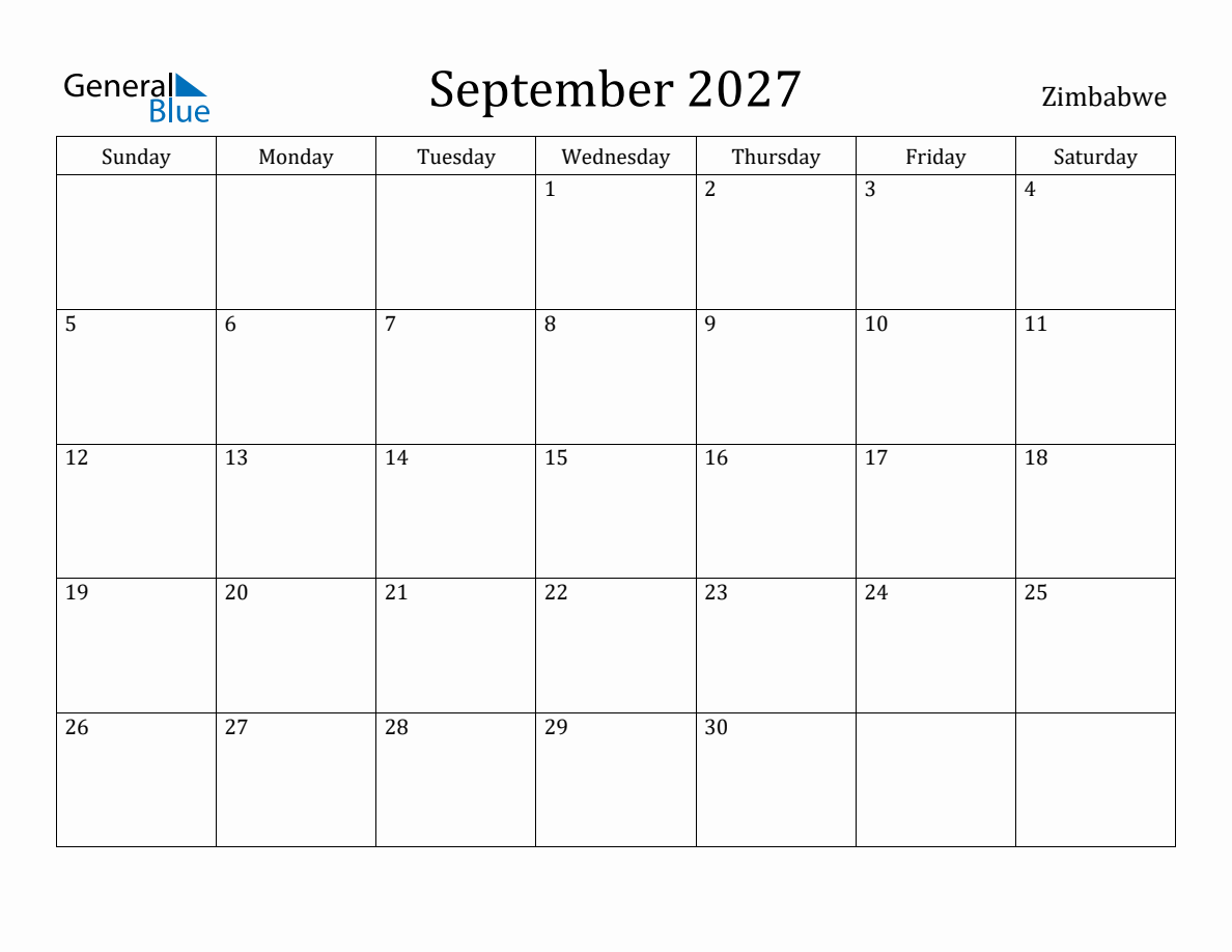 September 2027 Monthly Calendar with Zimbabwe Holidays