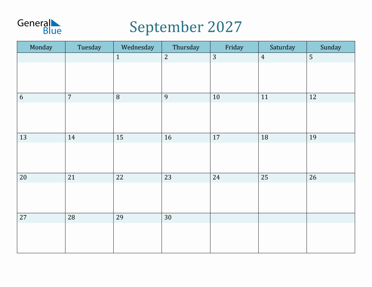 September 2027 Monthly Calendar Template - Monday Start