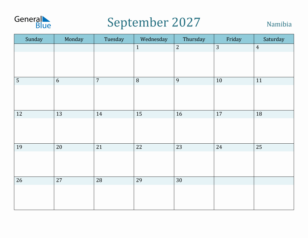 Namibia Holiday Calendar for September 2027