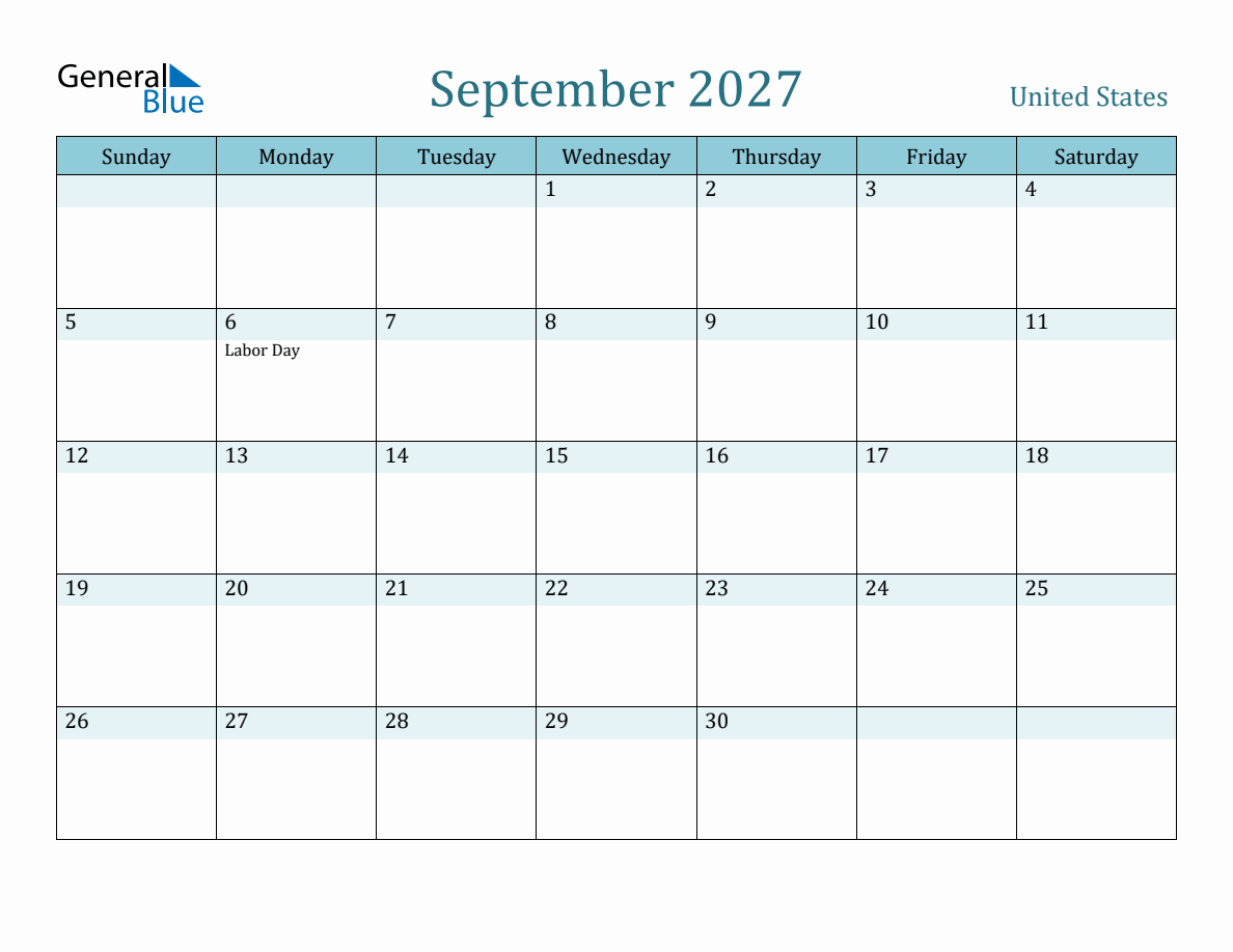 United States Holiday Calendar for September 2027