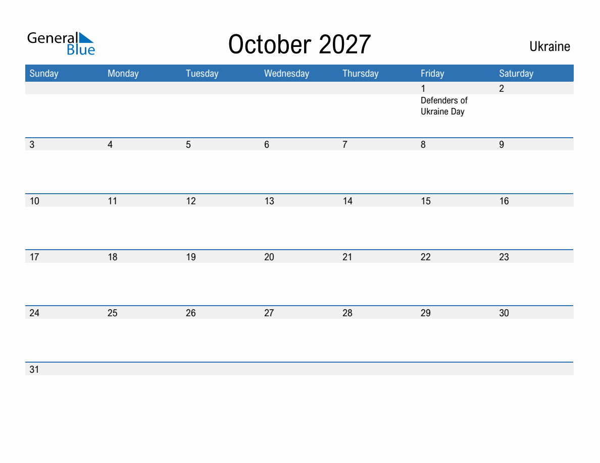 October 2027 Monthly Calendars with Ukraine Holidays