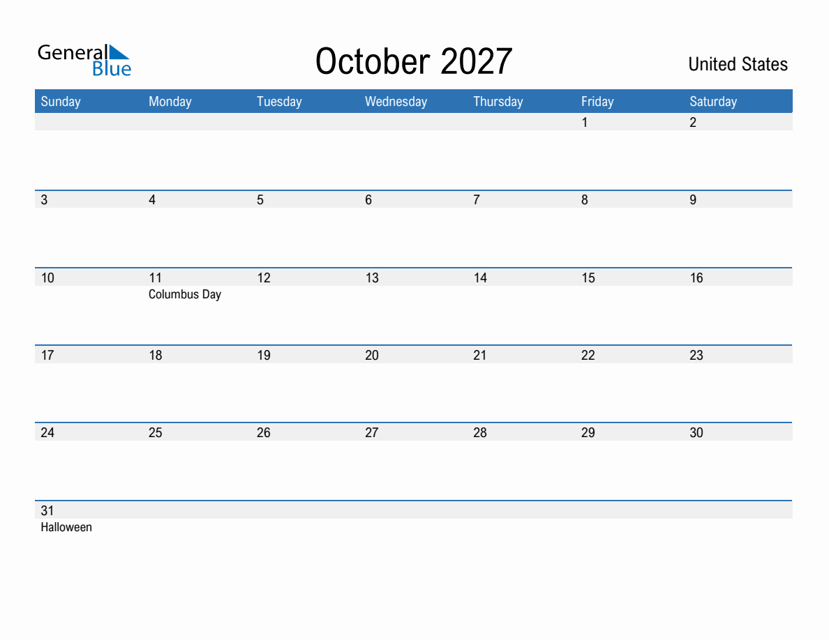 October 2027 Monthly Calendars with United States Holidays