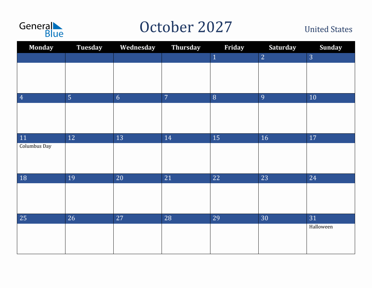 October 2027 United States Holiday Calendar