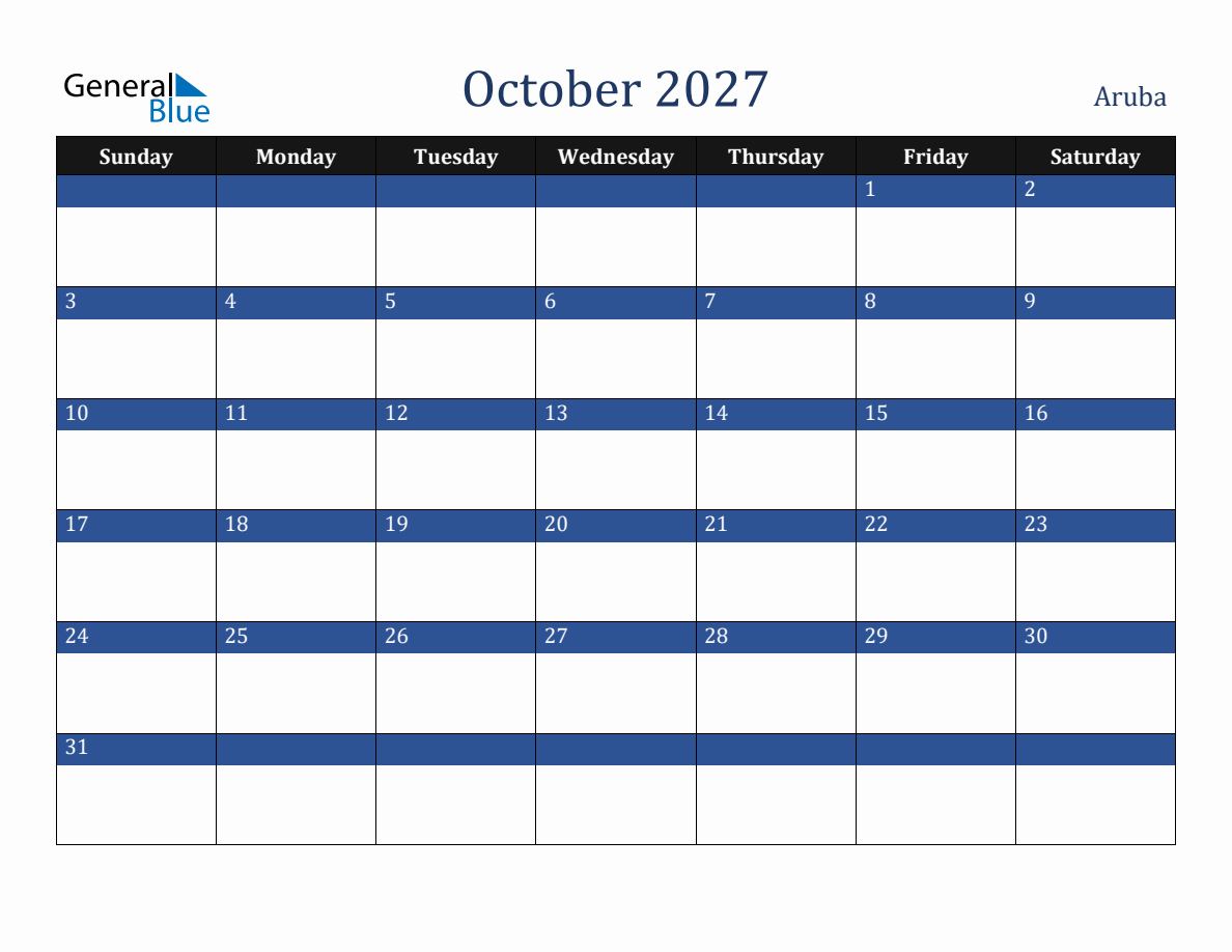October 2027 Aruba Holiday Calendar