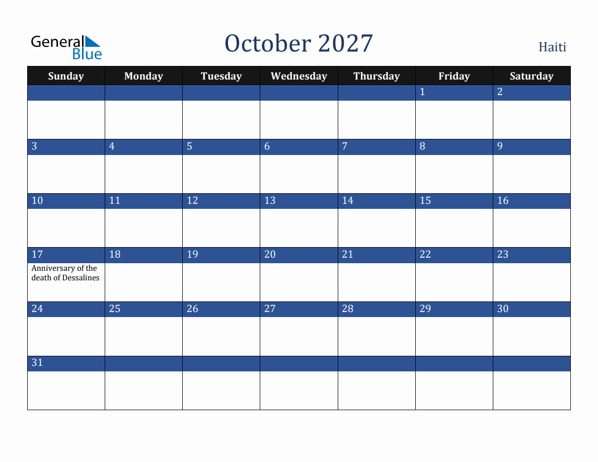 October 2027 Haiti Holiday Calendar