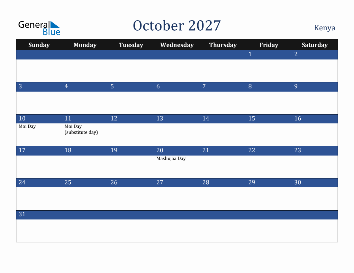 October 2027 Kenya Holiday Calendar