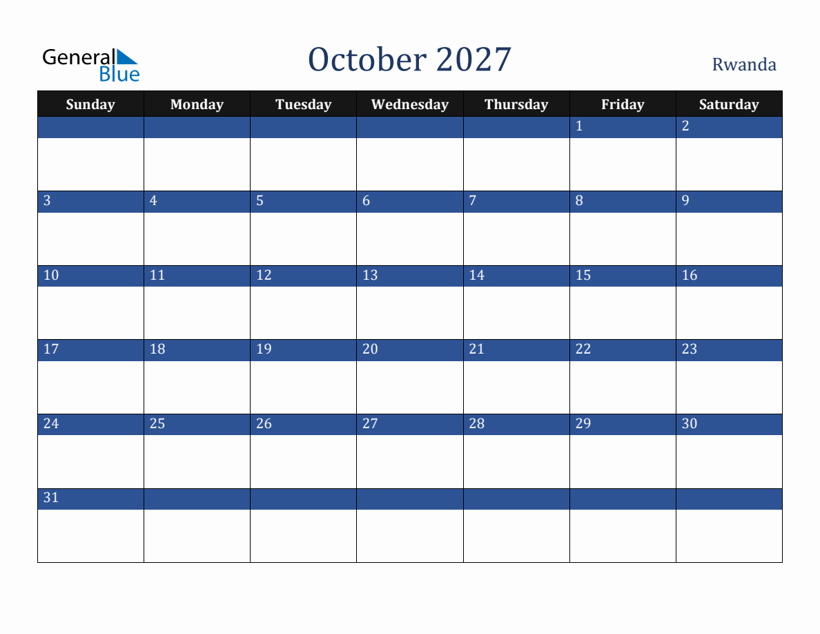 October 2027 Rwanda Holiday Calendar