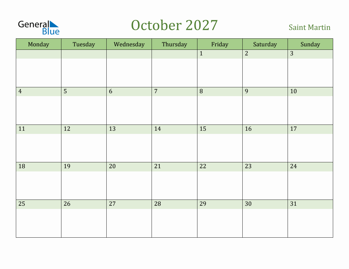 Fillable Holiday Calendar for Saint Martin - October 2027 (Monday Start)