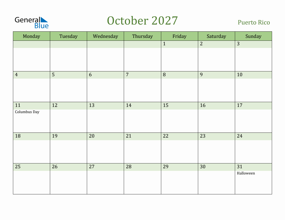 Fillable Holiday Calendar for Puerto Rico - October 2027 (Monday Start)
