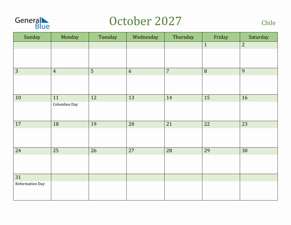 Fillable Holiday Calendar for Chile - October 2027