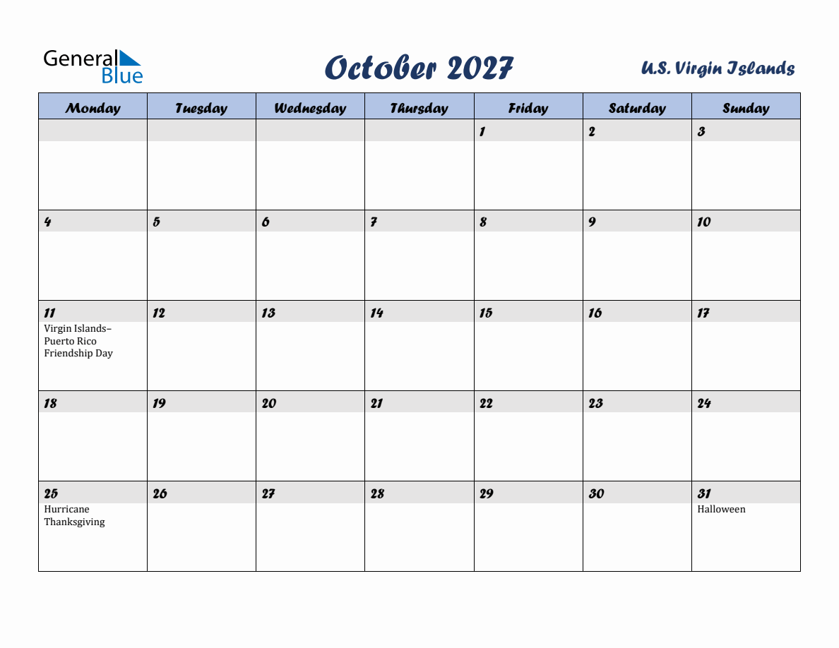 October 2027 Monthly Calendar Template with Holidays for U.S. Virgin ...
