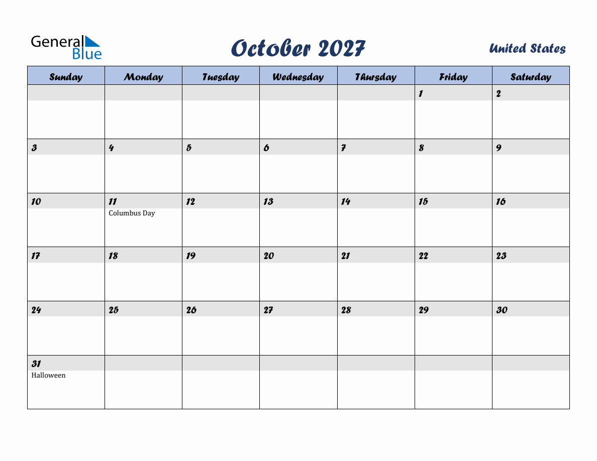 October 2027 Monthly Calendar Template with Holidays for United States