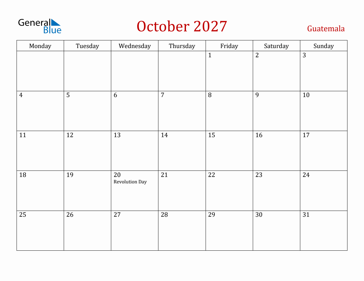 October 2027 Guatemala Monthly Calendar with Holidays