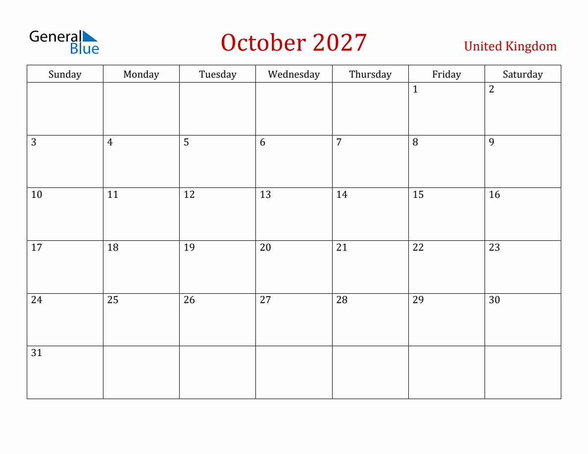 October 2027 United Kingdom Monthly Calendar with Holidays