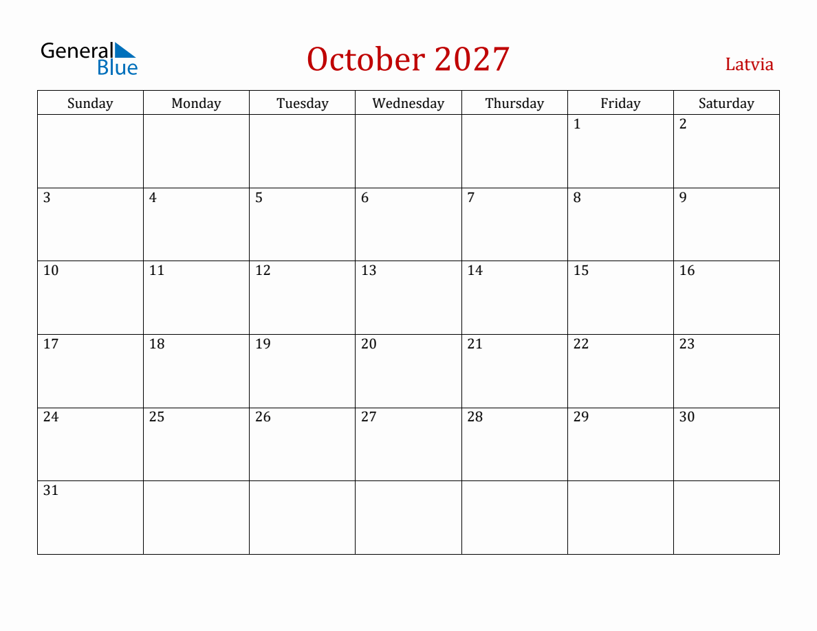 October 2027 Latvia Monthly Calendar with Holidays