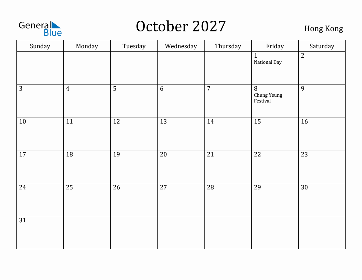 October 2027 Monthly Calendar with Hong Kong Holidays