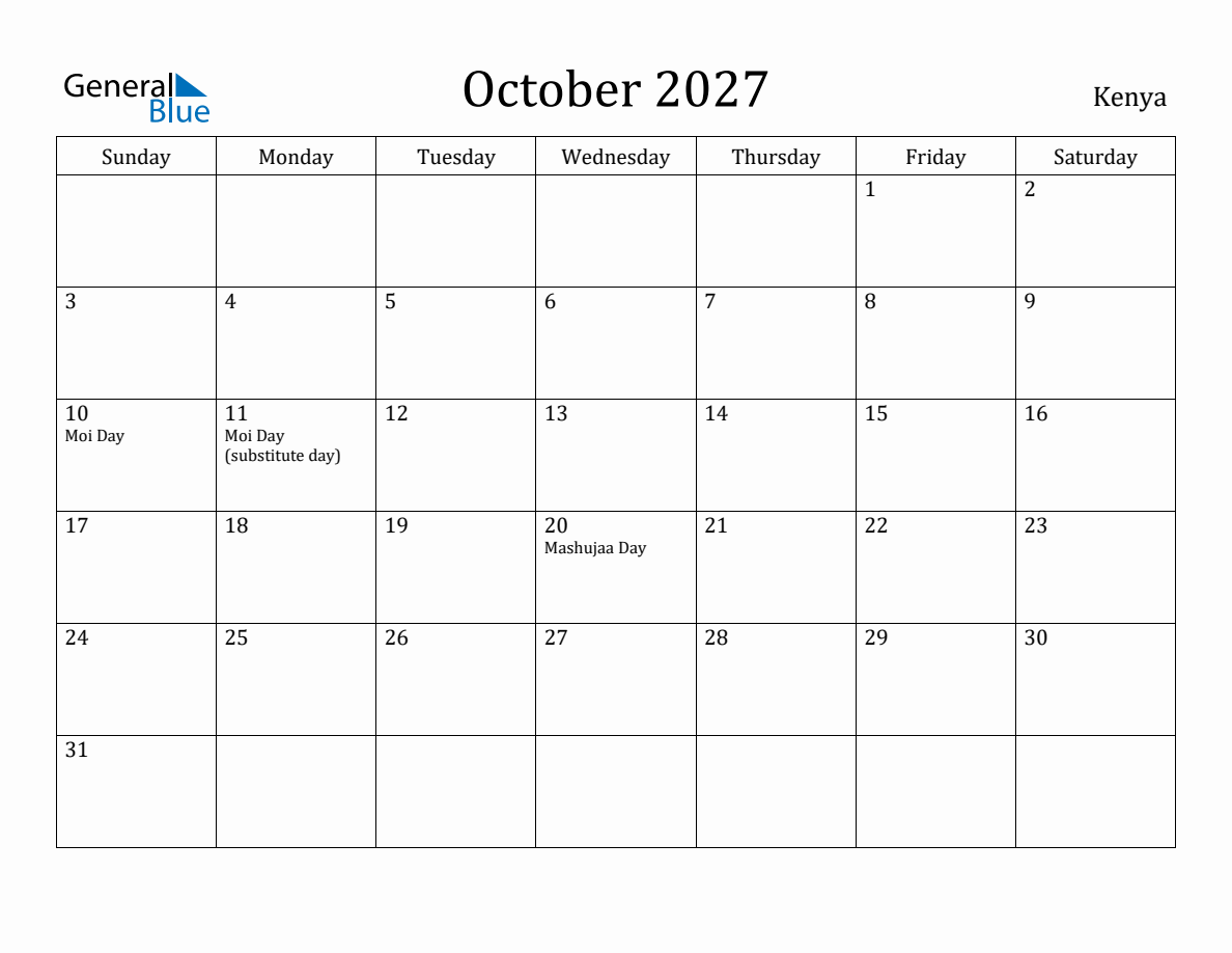 October 2027 Monthly Calendar with Kenya Holidays