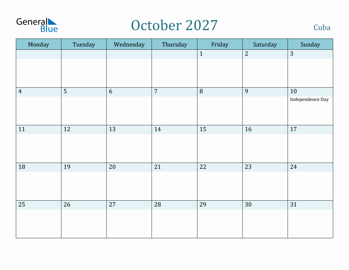 Cuba Holiday Calendar for October 2027