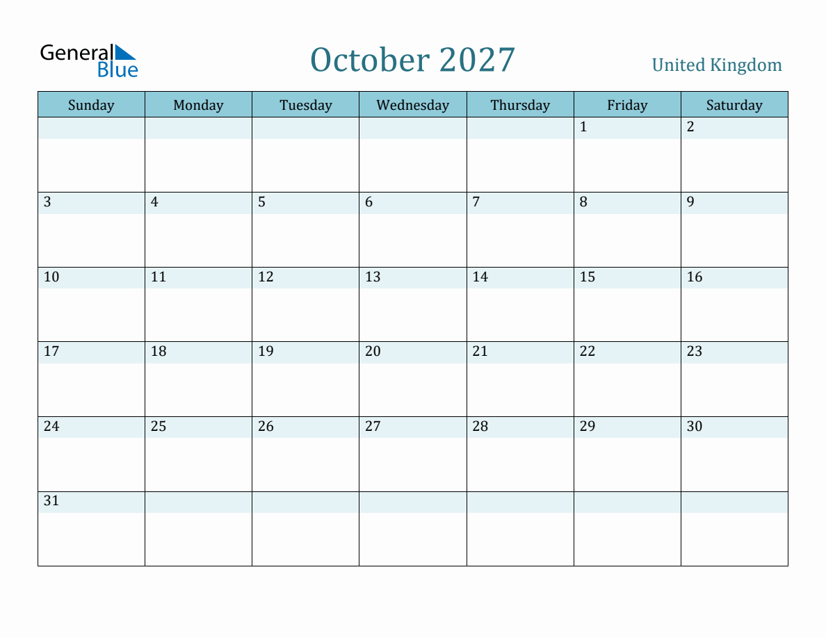 United Kingdom Holiday Calendar for October 2027