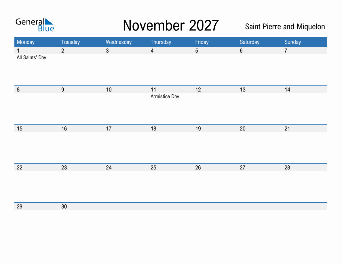 Editable November 2027 Calendar with Saint Pierre and Miquelon Holidays ...