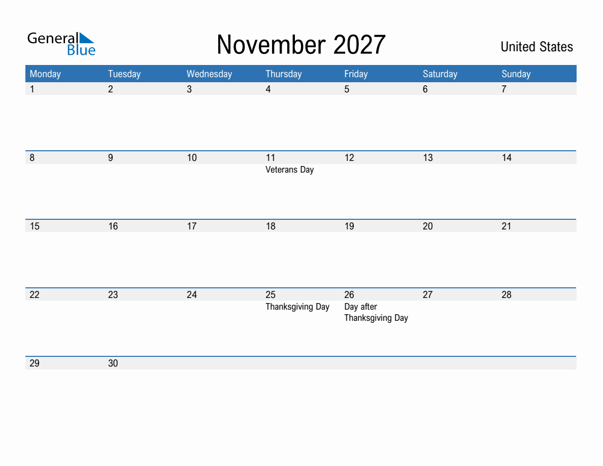 Editable November 2027 Calendar with United States Holidays
