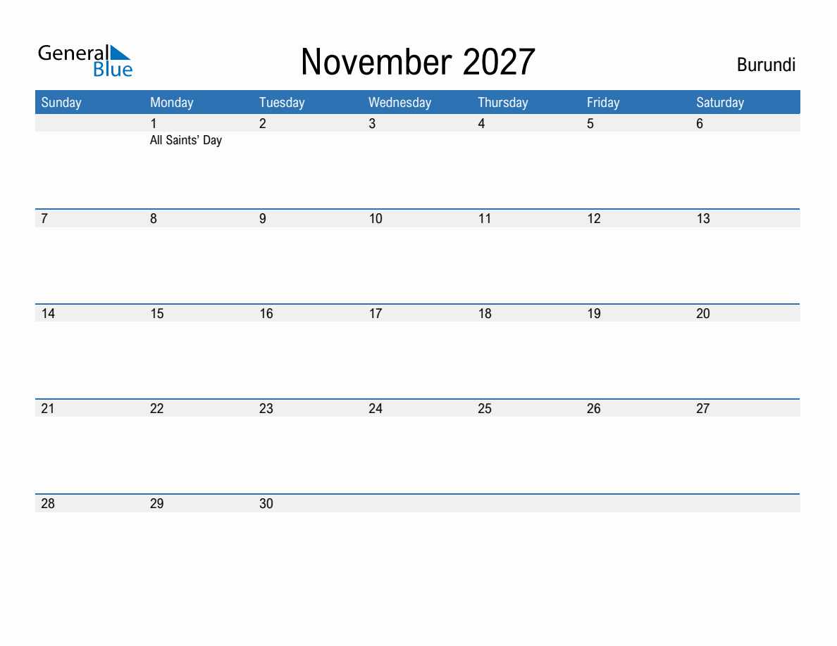 Editable November 2027 Calendar with Burundi Holidays
